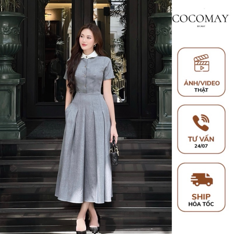 COCOMAY Đầm cổ sơ mi sen đức xếp li maxi thanh lịch tay ngắn phong cách nử tính tinh tế Nữ ( Đầm ...