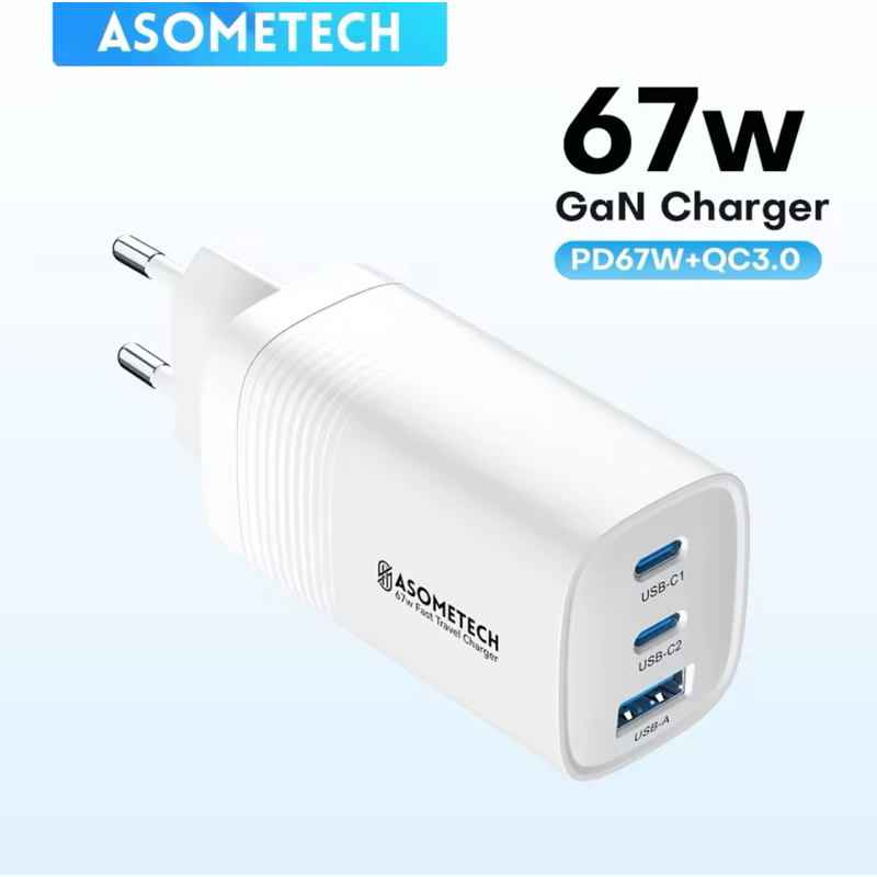 (Asometech 67W) Bộ sạc nhanh 67W GaN 3 Cổng Sạc 2C 1A Sạc Nhanh PPS 2.0 Mi Turbo 1.0 PD QC3.0 ...