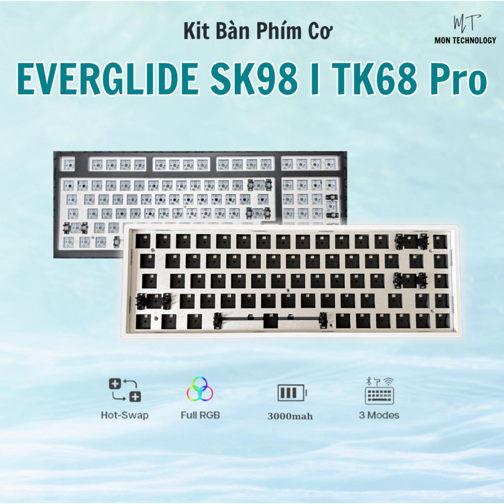 [Sẵn Hàng] Kit bàn phím cơ EverGlide Sk98/TK68 Pro 3 Mode | Plate Nhôm | Mạch ngược | Led RGB ...