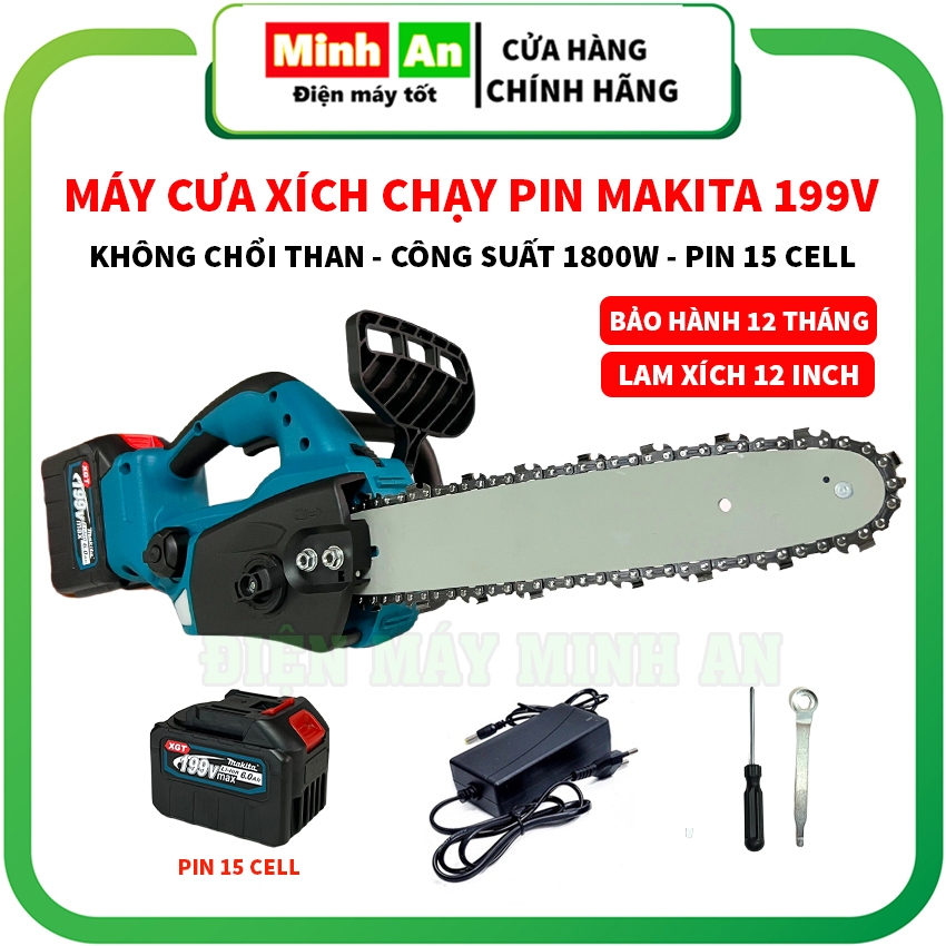 Máy cưa xích pin cầm tay KHÔNG CHỔI THAN MAKITA 199V pin 15 cell cưa gỗ dùng pin bảo hành 12 ...