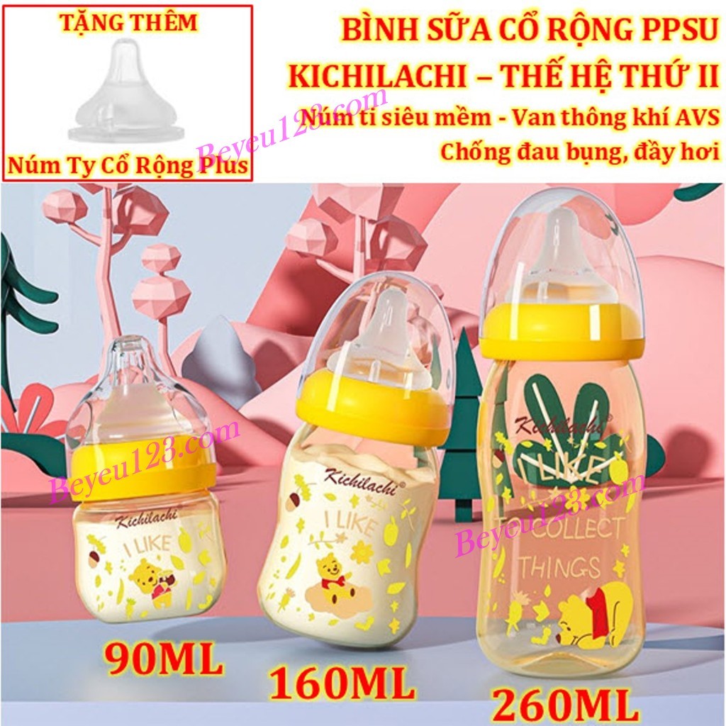 Bình sữa cổ rộng PPSU Kichilachi Hình Gấu Pooh 90ml / 160ml / 260ml KICHI KC - Tặng kèm 1 núm ty ...