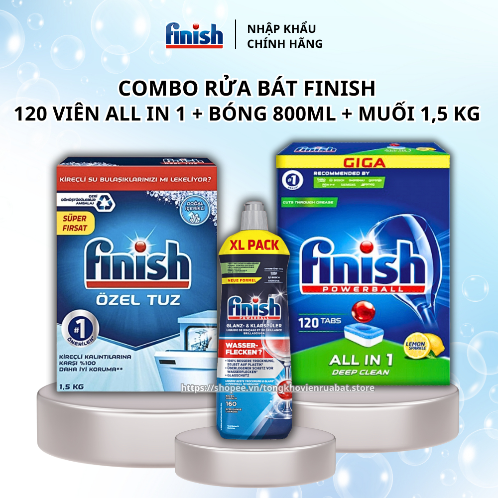 Combo rửa bát Finish All in one 120 Viên + Muối Finish 1,5 Kg + Bóng ...