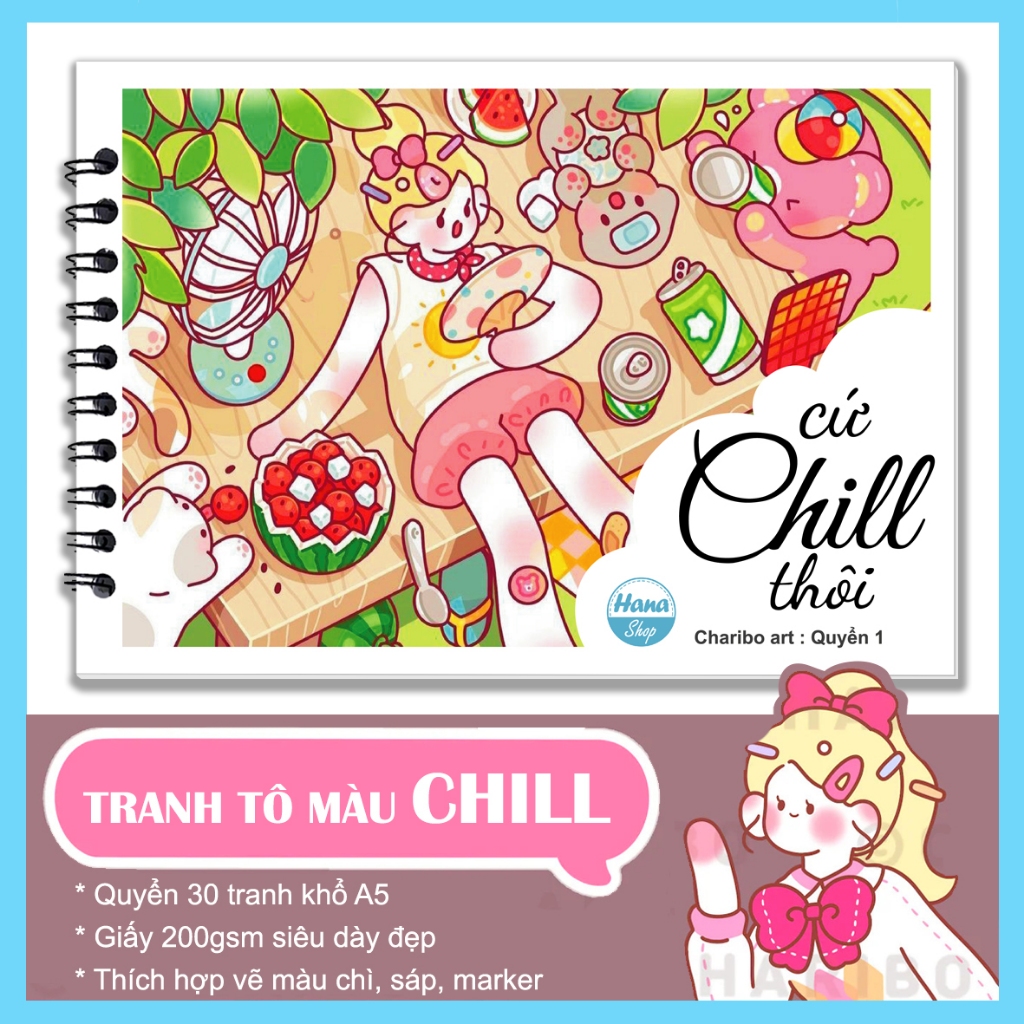 Tranh tô màu Charibo - Cứ Chill Thôi quyển 30 tranh, giấy 200gsm khổ A5 ...