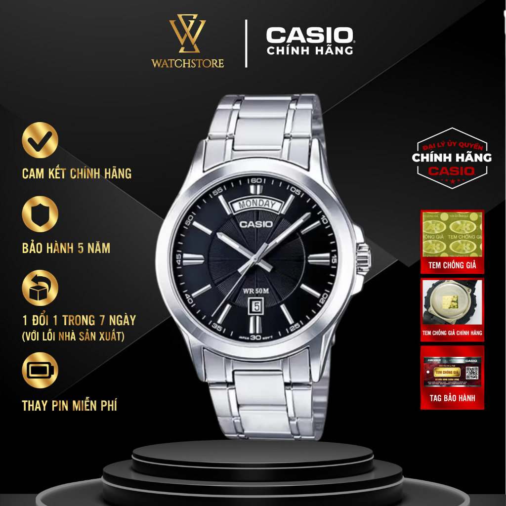 Đồng Hồ Nam MTP-1381D-1AVDF Mặt Đen Kim Trắng Dạ Quang Kính Khoáng 39.9mm Chống Nước Dây Kim ...