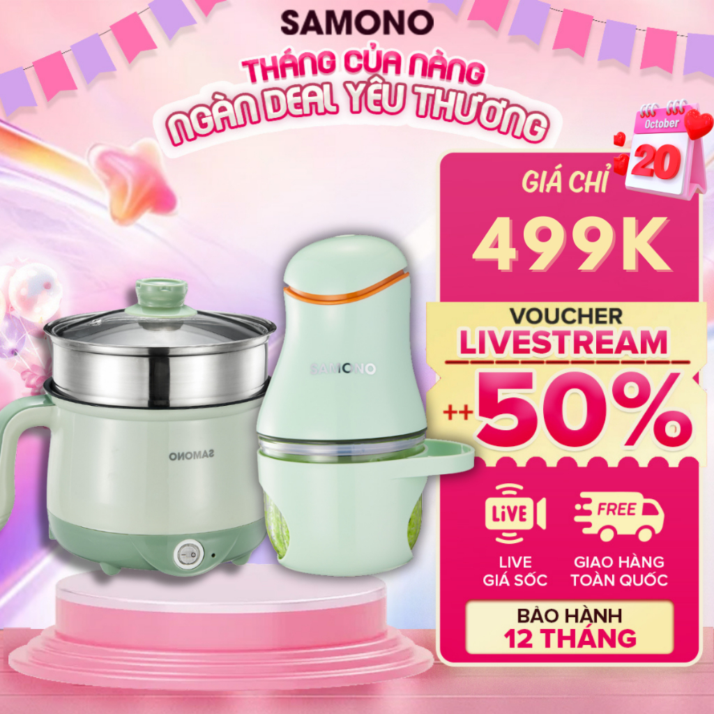 (BH 1 Năm) Combo Nồi điện 1.5L Samono SW-DG01P và Máy xay mini SW-MC200/SW-MC200S/SW-099S, 6 ...