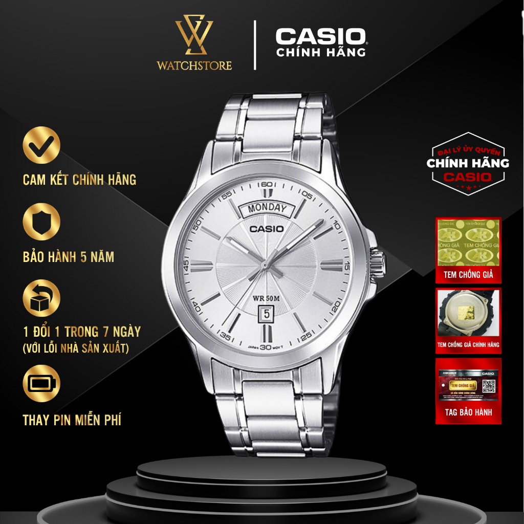 Đồng Hồ Nam MTP-1381D-7AVDF Mặt Trắng Dạ Quang Kính Khoáng 39.9mm Chống Nước Dây Kim Loại Chính ...