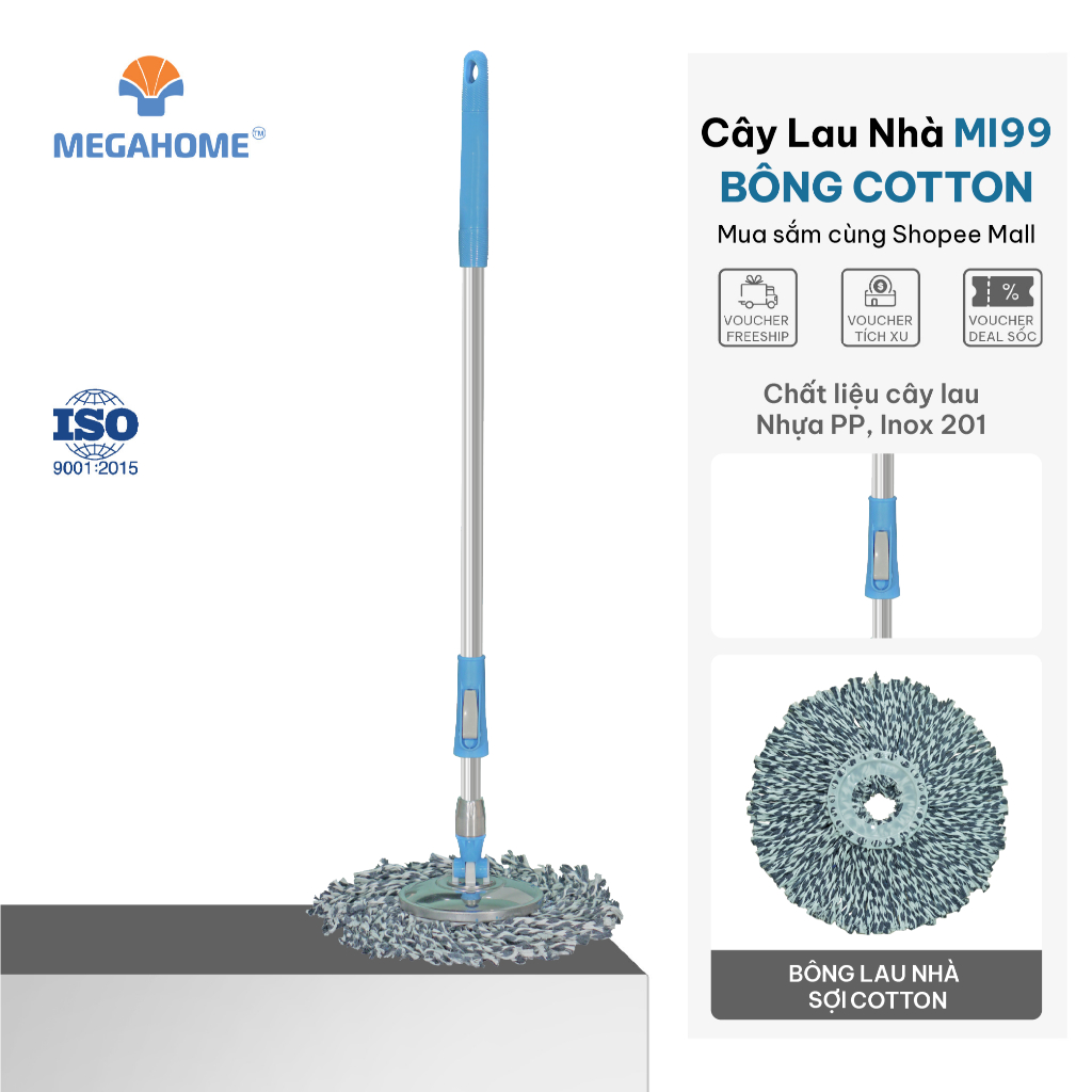 Cây Lau Nhà Megahome MI99 mâm inox sử dụng được cho tất cả các bộ lau ...