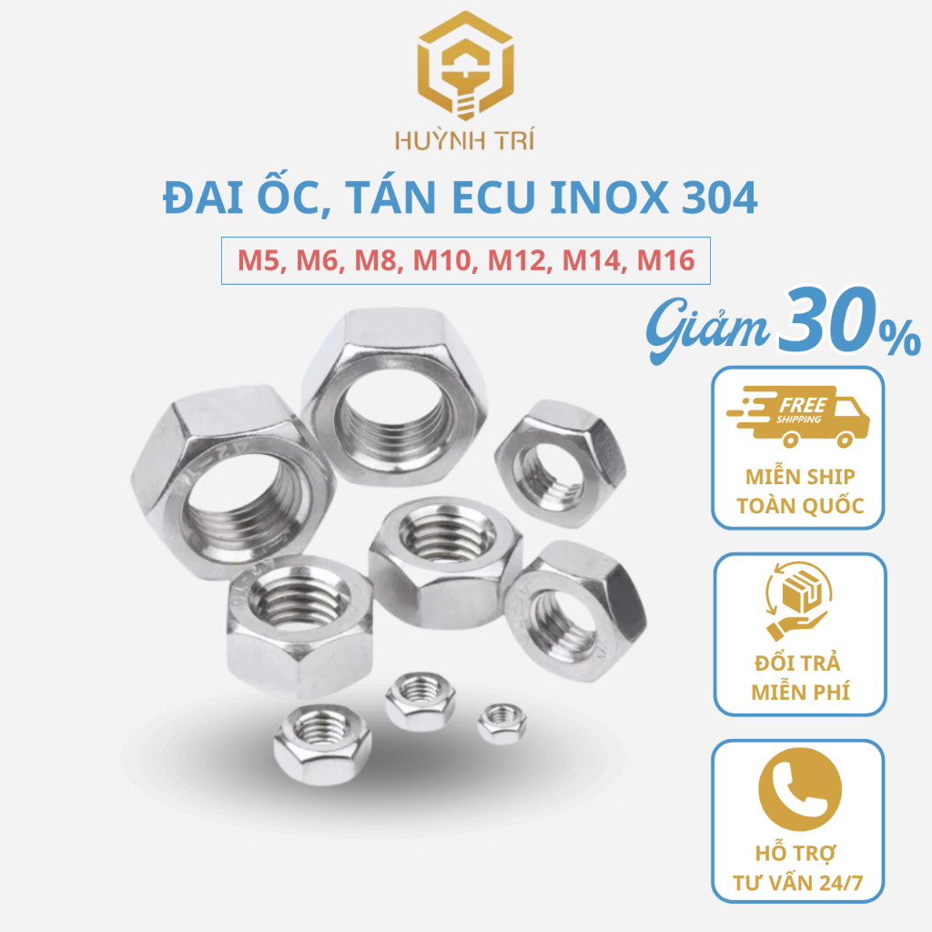 Đai ốc, tán dẹp, tán Ecu Inox 304 dùng cho bulong M5, M6, M8, M10, M12 ...