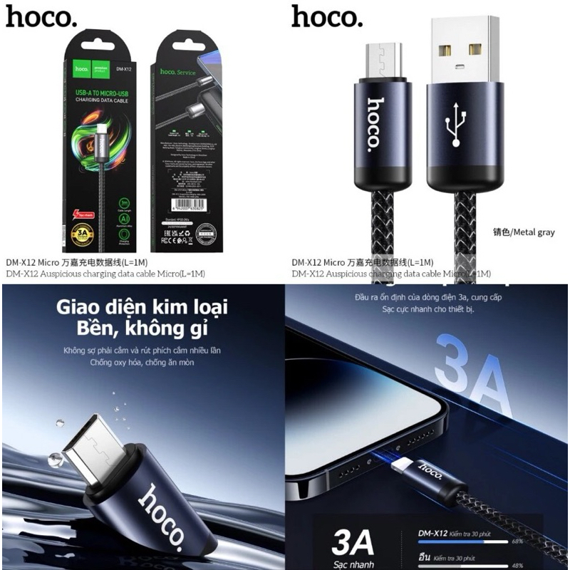 Cáp Sạc Hoco DM-X12 USB-A To Micro Sạc Siêu Nhanh 3.0A Dây Dù Chính ...