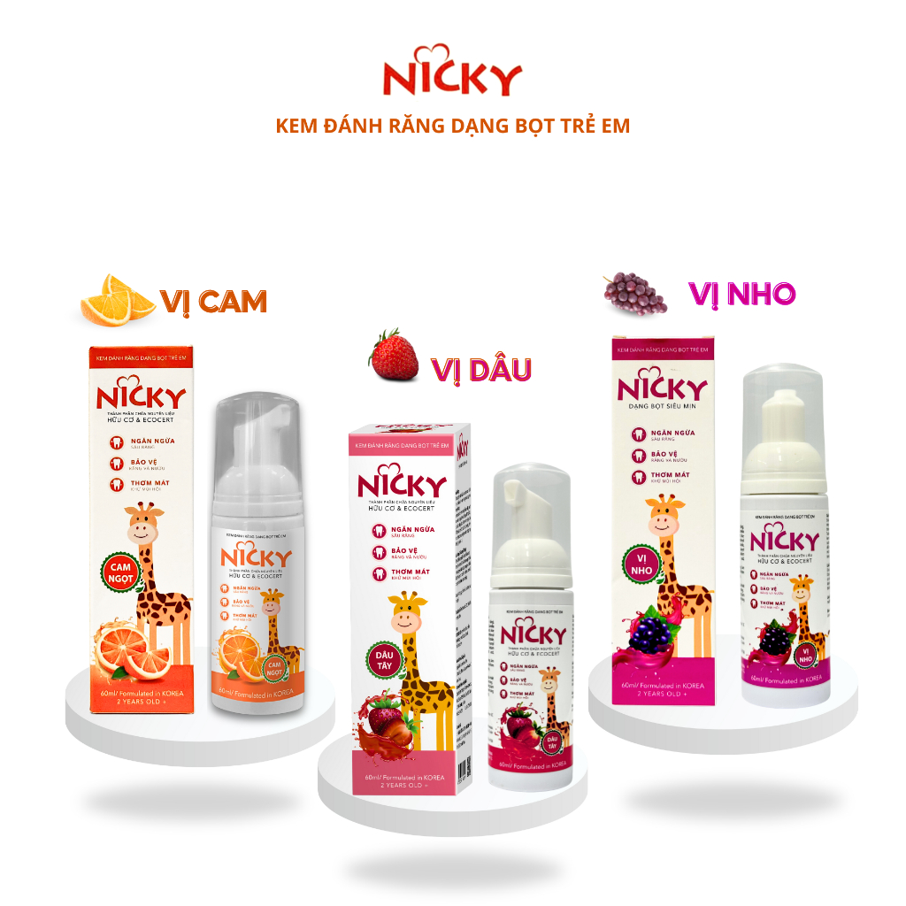 Kem Đánh Răng Dạng Bọt Trẻ Em NICKY 60ml (VỊ CAM - VỊ NHO - VỊ DÂU TÂY ...
