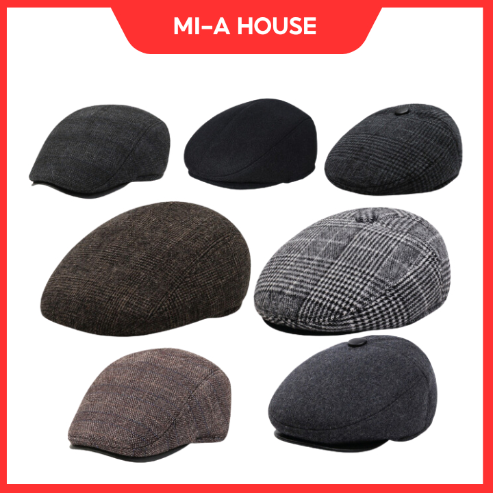 Mũ beret Nón nồi nam kẻ caro vải dạ nỉ có khuy thiết kế che tai ấm áp cho mùa đông- Món quà ý ...