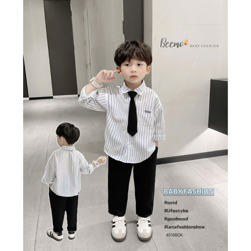 Bộ sơ mi kẻ kèm Cavat cho bé trai Beemo Chất liệu thô vân kẻ thoáng khí ...