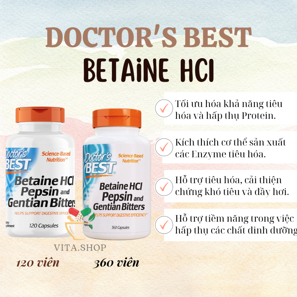 Doctor's Best Betaine HCI Pepsin And Gentian Bitters - Viên uống hỗ trợ ...