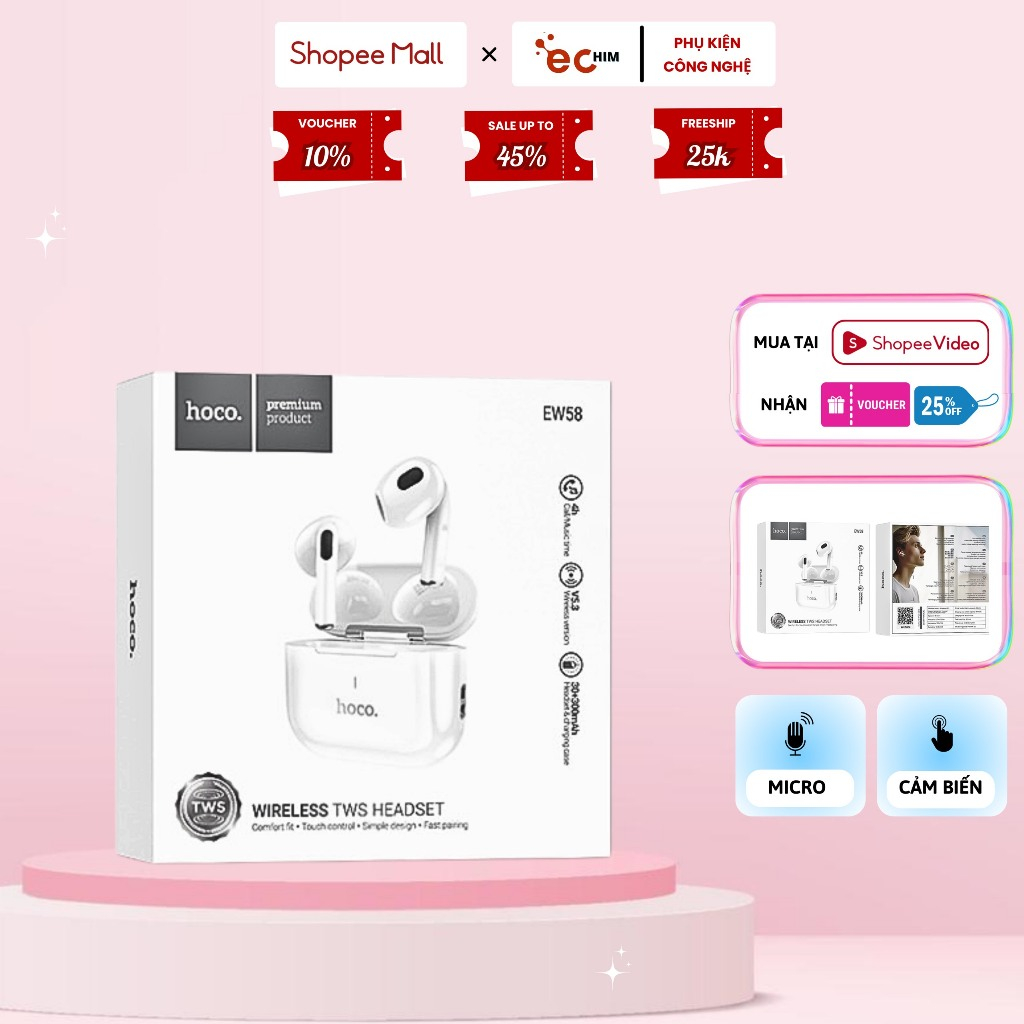 Tai nghe bluetooth không dây HOCO EW58 TWS - V5.3 chính hãng, pin 4H âm ...