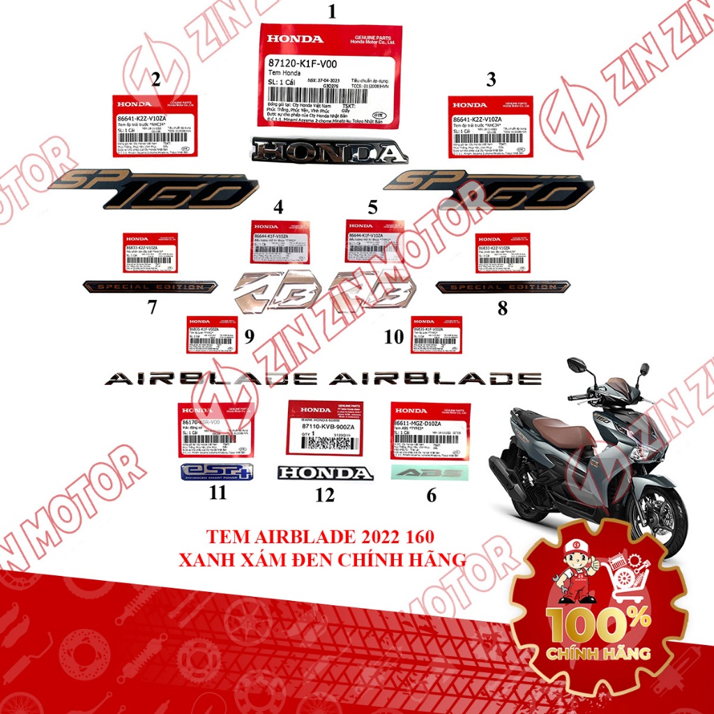 Tem AB 2022 Zin, Tem Rời Xe AirBlade 160 2022 Xanh Xám Đen Phiên Bản ...