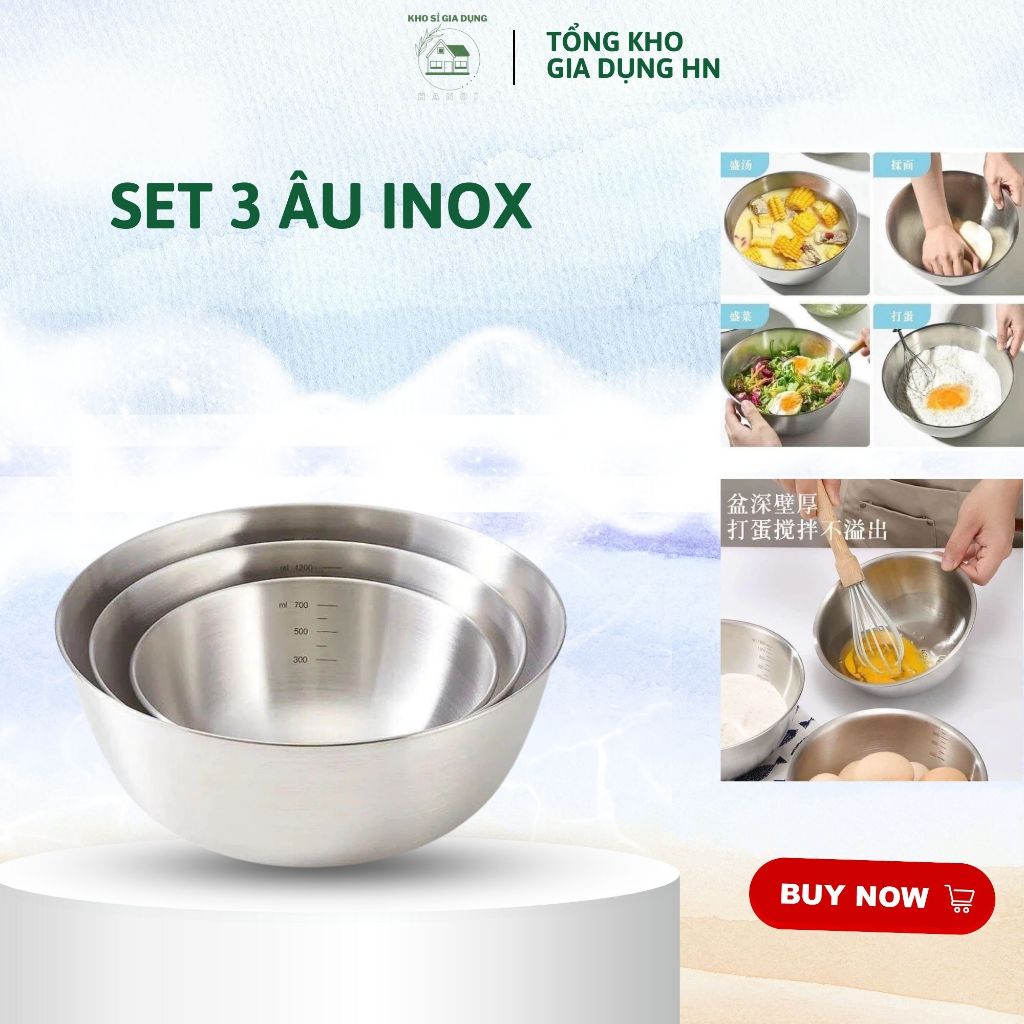 Set 3 âu inox có vạch chia định lượng, Bộ 3 thau đựng rau củ, tô đánh ...