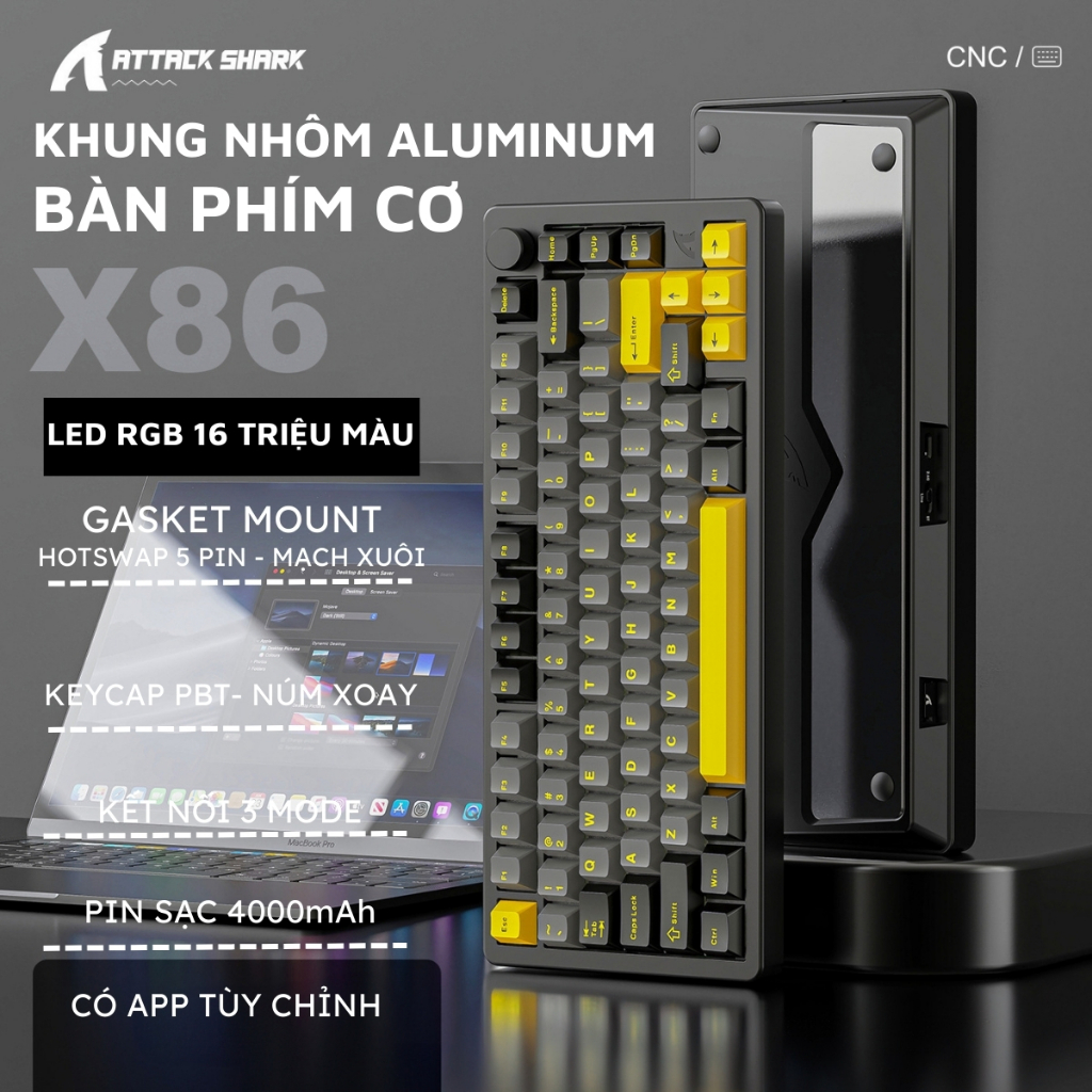 Bàn Phím Cơ Full Nhôm CNC Attack Shark X86 LED RGB, 3 Mode, Hotswap 5 ...