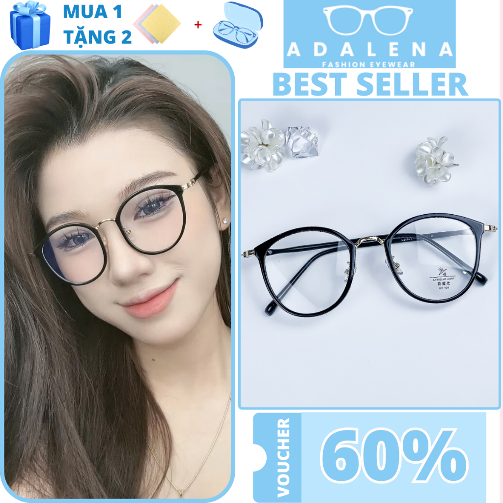 Kính gọng tròn nam nữ ADALENA, gọng kính kim loại kết hợp nhựa, mắt ...