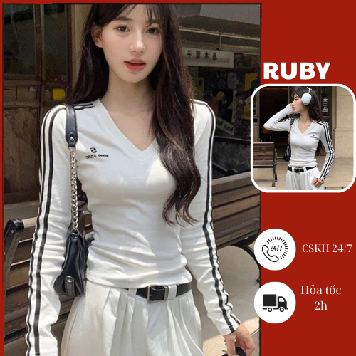 Áo thun ôm Ruby cổ V kẻ sọc, Áo thun dài tay croptop phong cách thể thao | Shopee Việt Nam