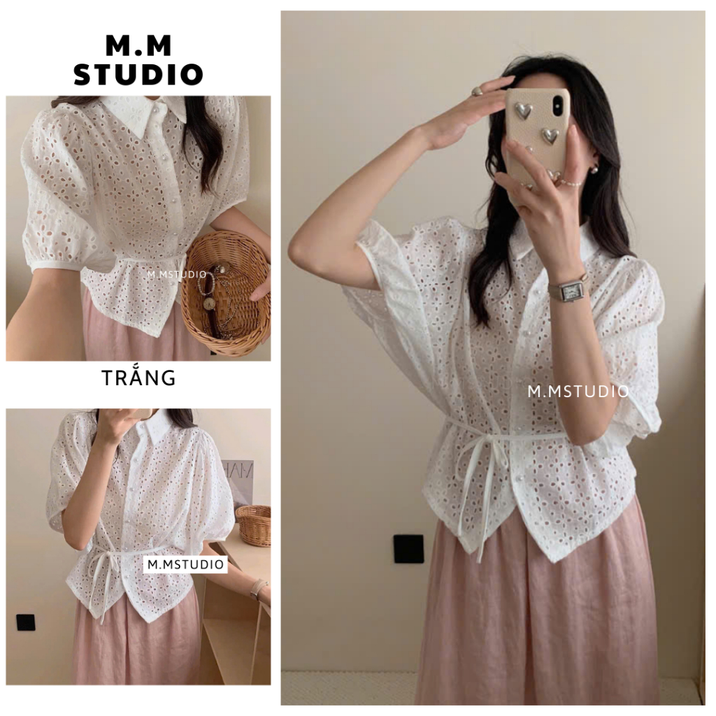 Áo sơ mi thô boi cúc ngọc dáng vừa- M.M STUDIO- Sơ mi tay bồng có dây buộc- M230 | Shopee Việt Nam