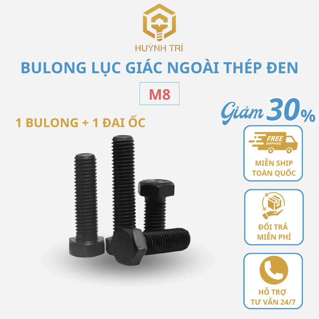 Bulong lục giác ngoài chịu lực thép đen 8.8 M8 Size Từ 20mm - 100mm (Bộ ...