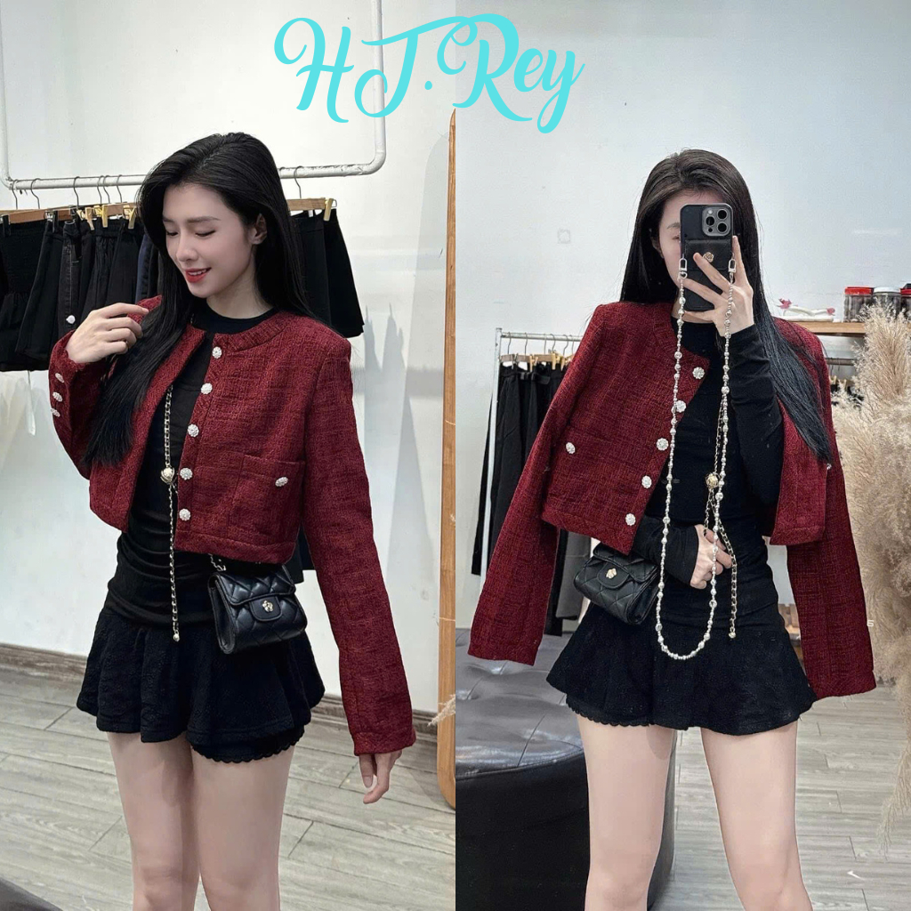 Áo dạ nhung đỏ khuy đá hàng 2 lớp dày có đệm vai chuẩn phong cách tiểu thư sang trọng H0022 ...