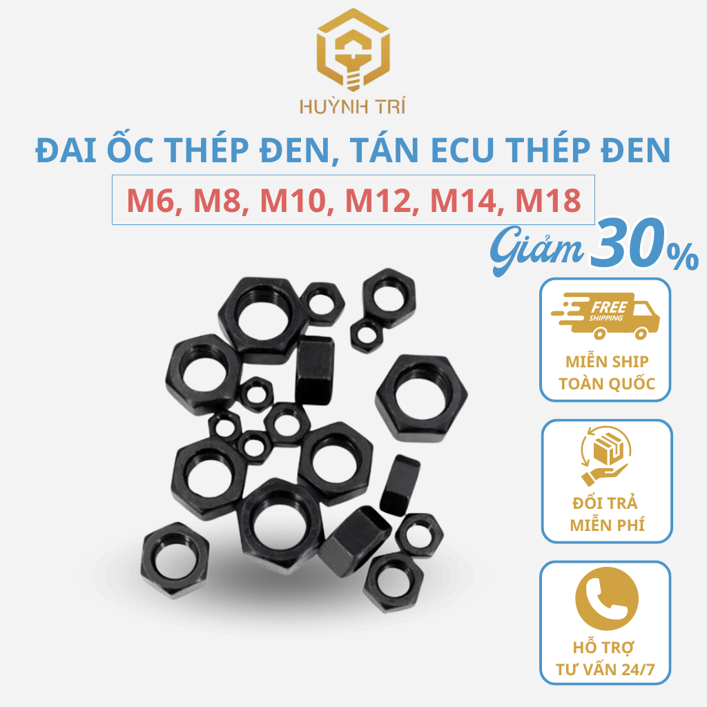 Đai ốc thép đen, Tán Ecu thép đen dùng cho bulong M6, M8, M10. M12, M14 ...