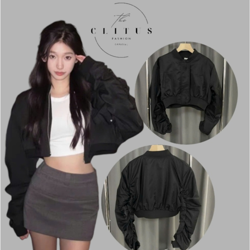 Áo Khoác Dù Nữ Cổ Bomber 2 Lớp Form Croptop Phối Tay Nhún Mẫu Mới - CLITUS | Shopee Việt Nam