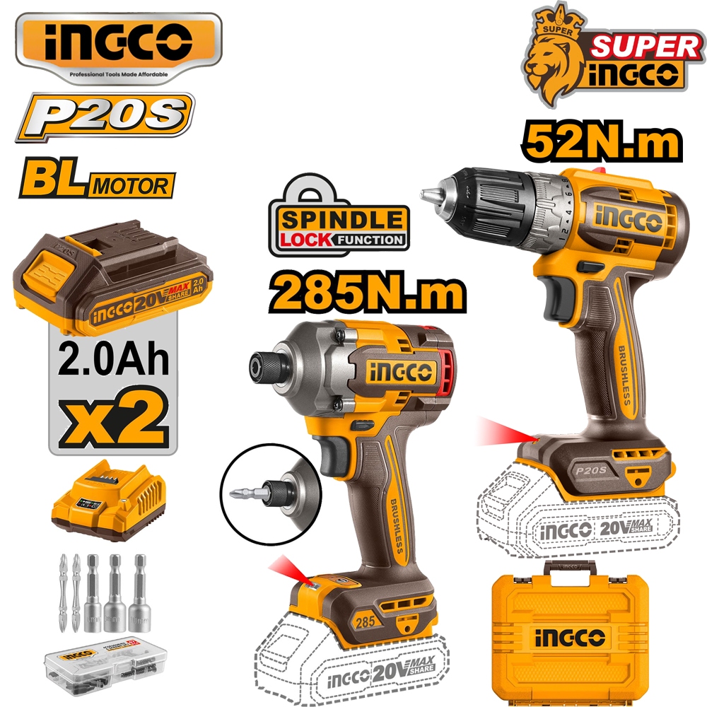 Bộ Combo Máy khoan vặn vít (52N/m) và Máy siết vít (285N/m), dùng pin ...