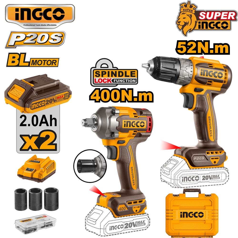 Bộ Combo Máy siết bulong (400N/m) Và Máy khoan vặn vít (52N/m) dùng pin ...