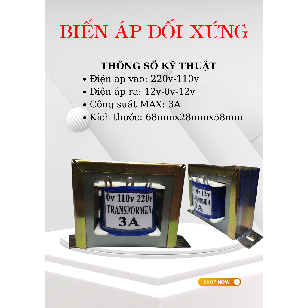 Biến áp đối xứng 12v 3A, biến áp cách ly 12v 3A, hạ áp 220v/110v ra 12v ...