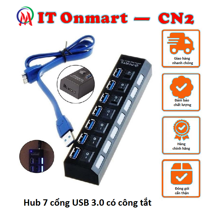 Hub Chia 4 Cổng USB 3.0 - Dây dài 30cm bộ chia hub 7 cổng tốc độ 3.0 có công tắt riêng từng cổng ...
