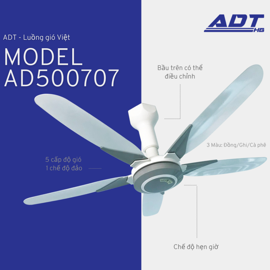 Quạt trần ADT Model AD500707/B Động cơ DC Inverter 55W - Cánh 1500 (mm ...