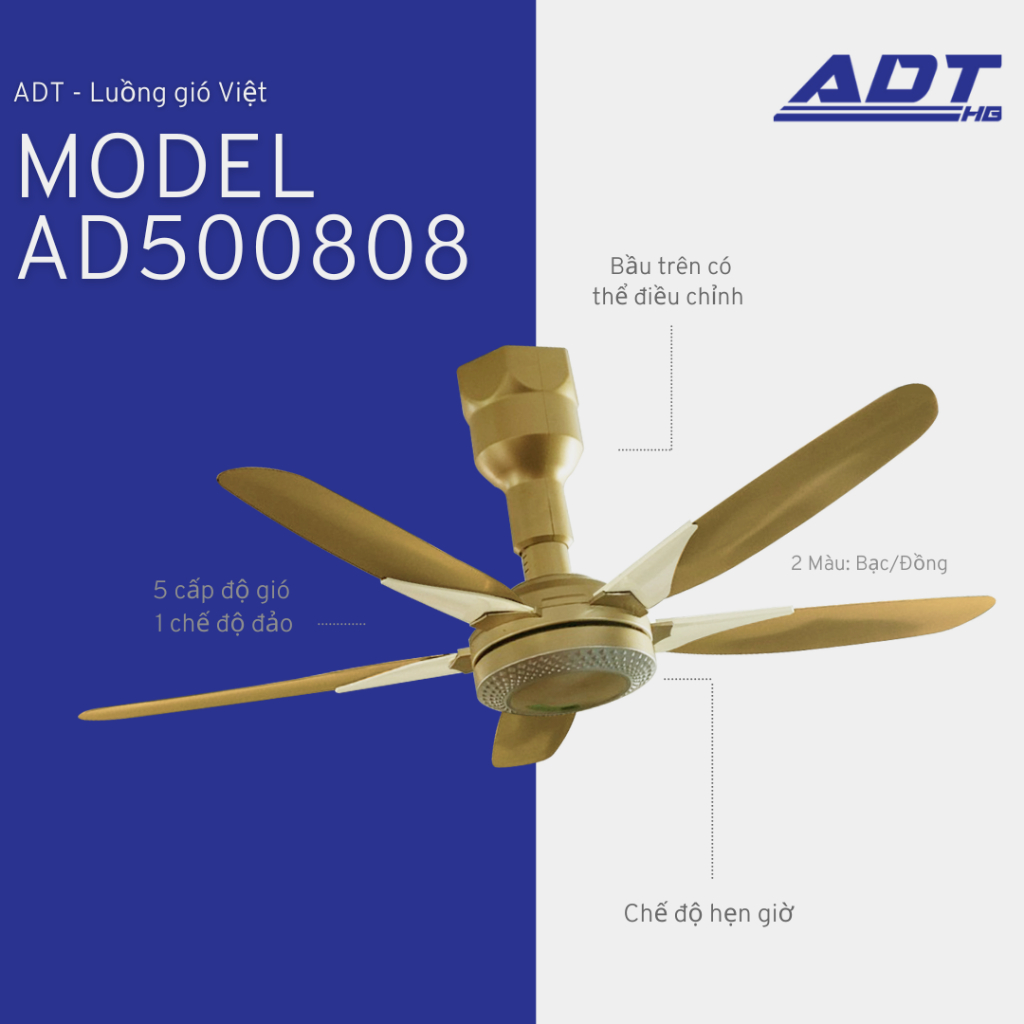 Quạt trần ADT Model AD500808 Động cơ DC Inverter 55W - Cánh 1500 (mm ...