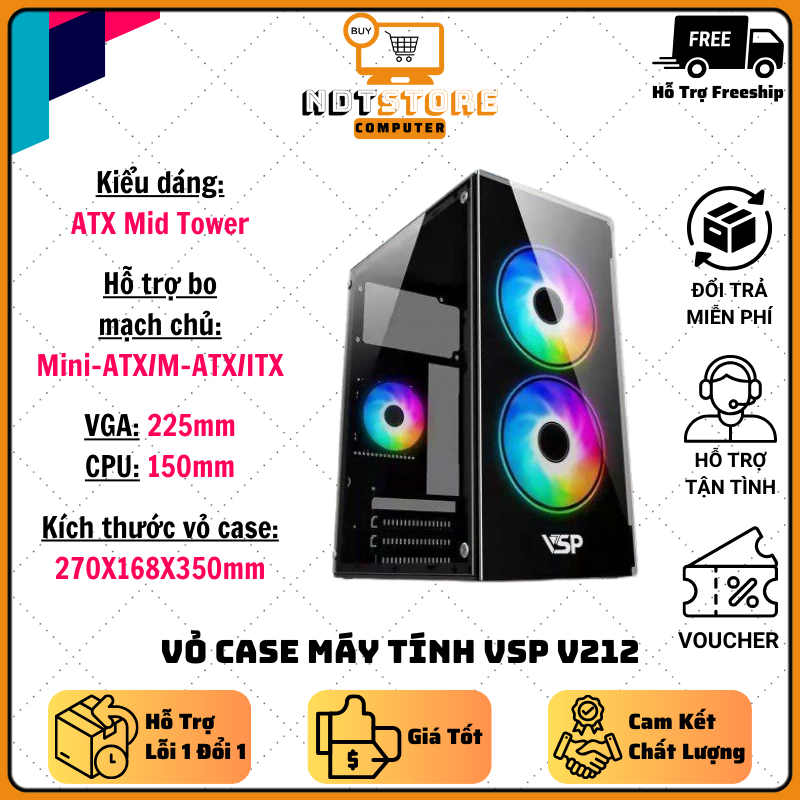 Vỏ Case Máy Tính Gaming VSP V212 Hỗ Trợ Main Mini-ATX/M-ATX/ITX Mặt Kính Xuyên LED Cực Đẹp ...