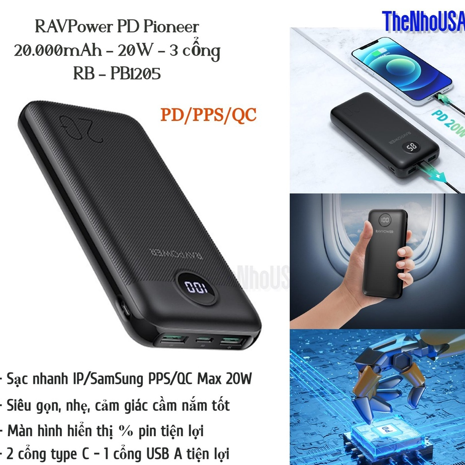 Pin sạc dự phòng RAVPower PD Pioneer - 20W - 20.000mAh - PD/PPS/QC - RP - PB1205 | Shopee Việt Nam