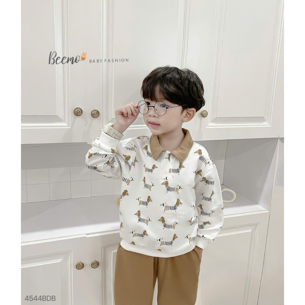 Set polo dài tay Beemo in hình chú chó vải nỉ da cá mềm mại giữ ấm tốt cho bé trai từ 9-24kg ...