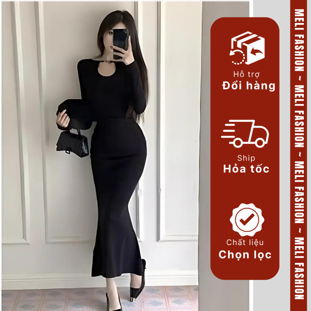 Đầm body dài tay MELI cổ thiết kế sexy quyến rũ phong cách Hàn Quốc ...