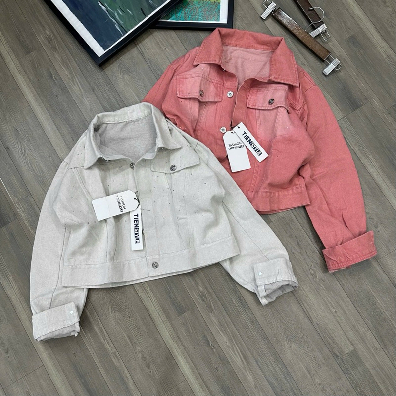 Áo Khoác jean nữ loang mốc đính đá nắp túi tay dài lửng | Shopee Việt Nam