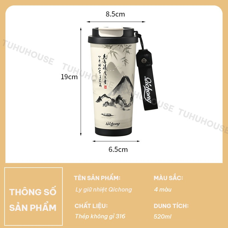 Ly giữ nhiệt Qichong 520ml có lõi lọc trà, cốc giữ nhiệt nóng lạnh inox 316 cao cấp có ống hút ...