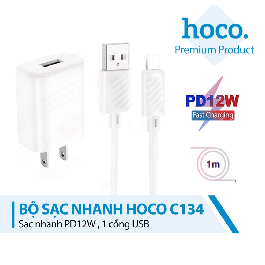Bộ sạc nhanh PD12W Hoco C134 chân dẹt 1 cổng USB kèm dây USB to LN dài ...