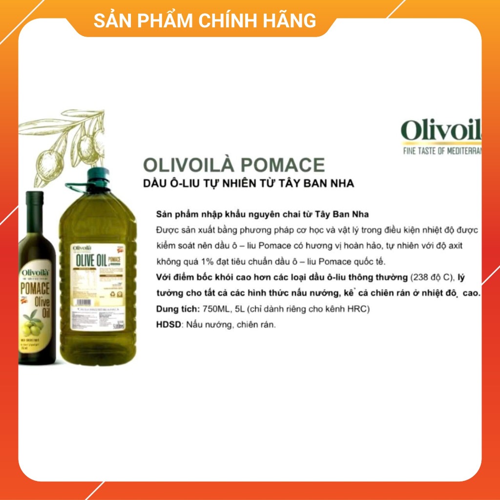 Dầu oliu pomace olivoila 5 lít/750ml chuyên dùng nấu ăn, nhập khẩu ...