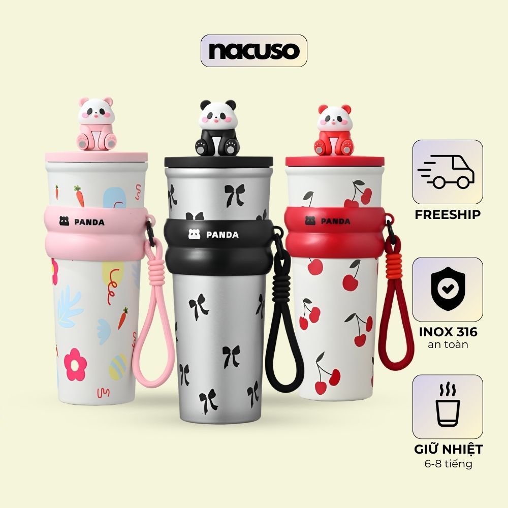 Ly giữ nhiệt PANDA 700ML có ống hút, ly giữ nhiệt nóng lạnh inox 316 cao cấp có quai xách tiện ...