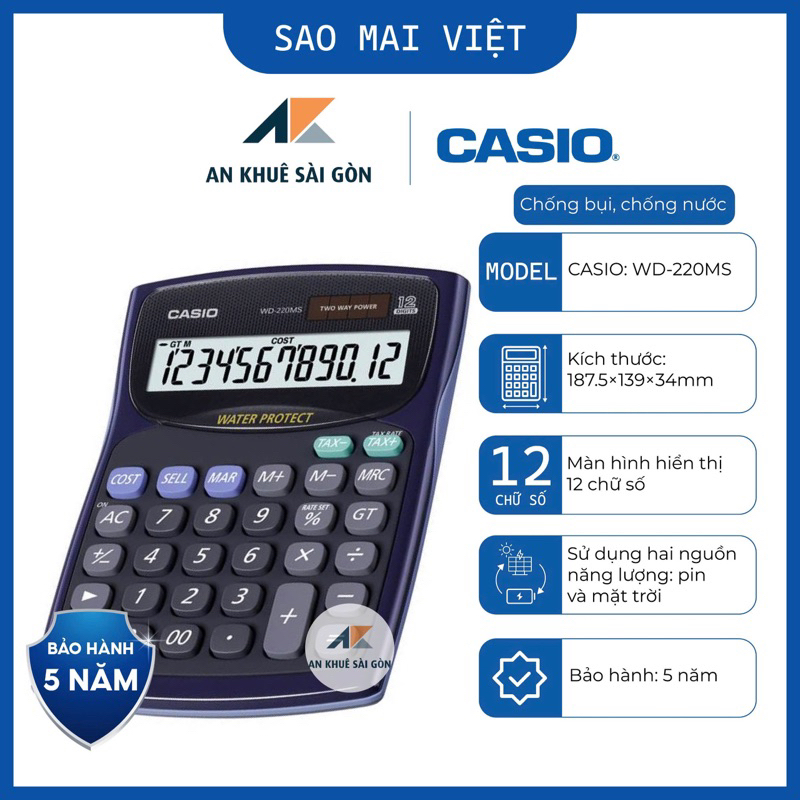 [Chính Hãng] Máy tính chống bụi nước Casio WD-220MS - Chuyên dùng cho cửa hàng, quán ăn, sạp chợ ...