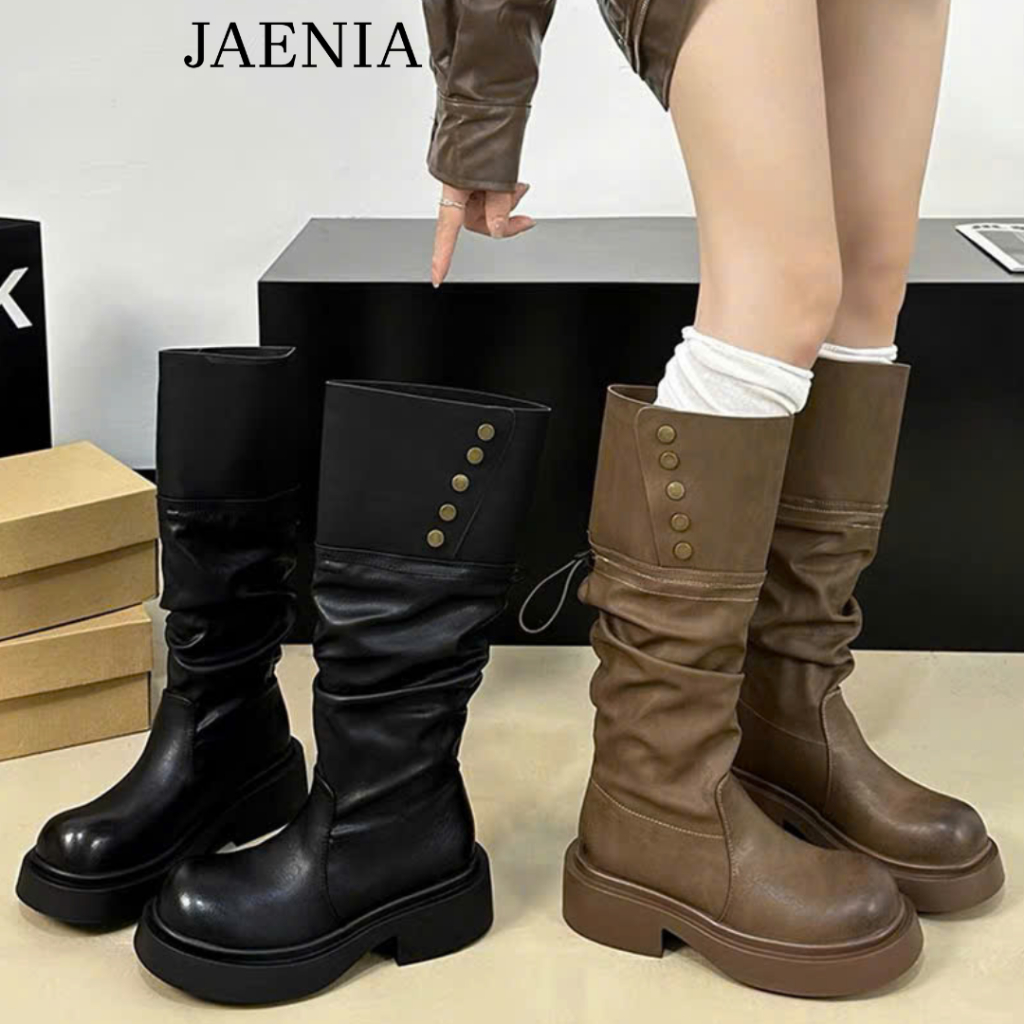 Giày bốt nữ đế dày cao gót 5cm da trơn cao cấp phối cúc kim loại phong ...