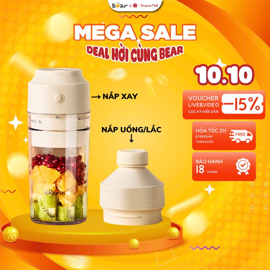 Máy xay sinh tố cầm tay 0.3L Bear LLJ-S04S6, 50W, Tích điện, 6 Lưỡi dao inox xay đá, Kèm nắp, BH ...