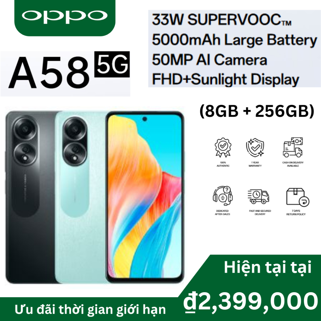 Oppo A58 5G smartphone ( 8gb + 256gb) - Pin 5000mAh - 33W Supervooc | Shopee Việt Nam