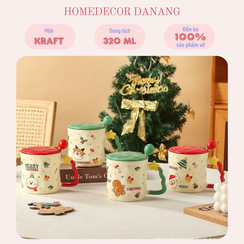 [Kèm hộp+túi+thiệp] Cốc sứ Giáng sinh hoạt tiết doodle, cốc Noel, ly sứ ...