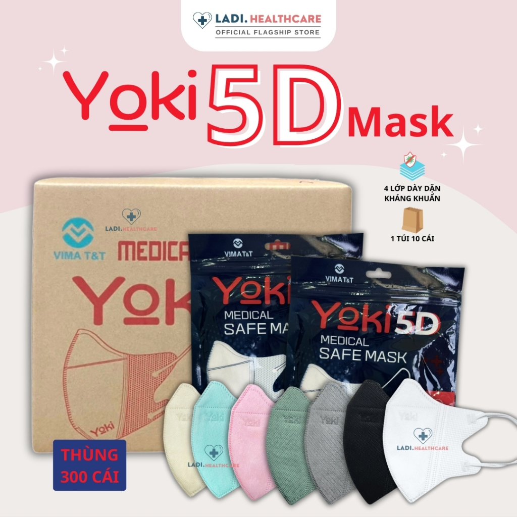 [Thùng 300 Cái] Khẩu trang 5D Yoki Mask 4 lớp kháng khuẩn 2.5PM hàng ...