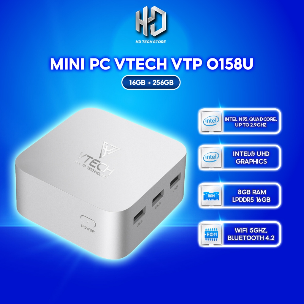 Mini PC Vtech VTP O158U (8GB, 16GB RAM + 256GB SSD) kích thước nhỏ gọn cùng 2 cổng LAN, 3 cổng ...